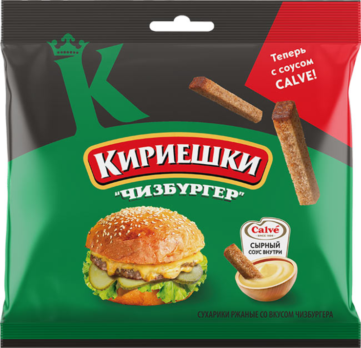 «Кириешки», сухарики ржаные со вкусом чизбургера и с сырным соусом ...